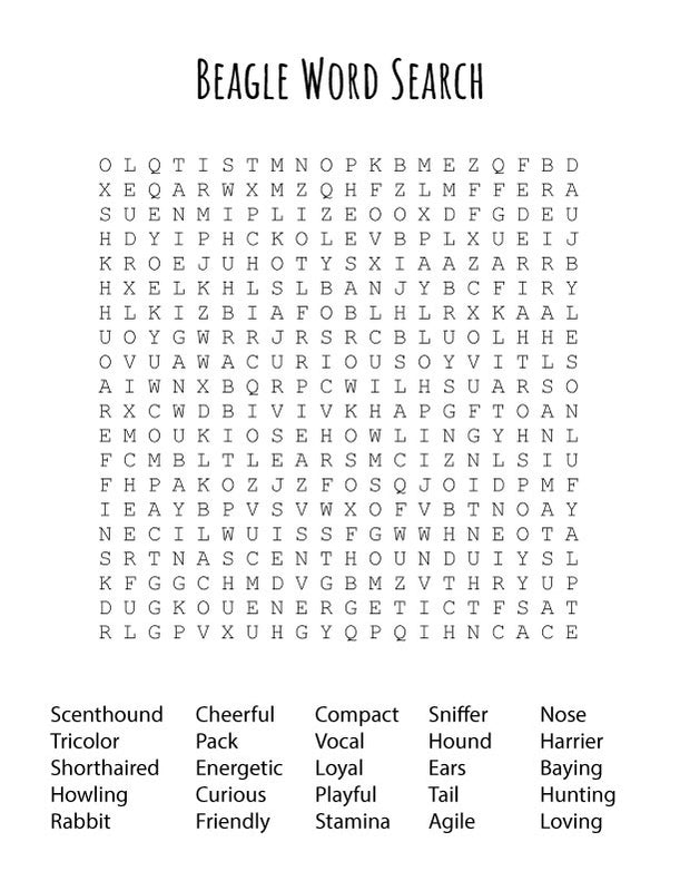 FREE Beagle Word Search Puzzle – Printable Fun Activity for Dog Lovers ...
